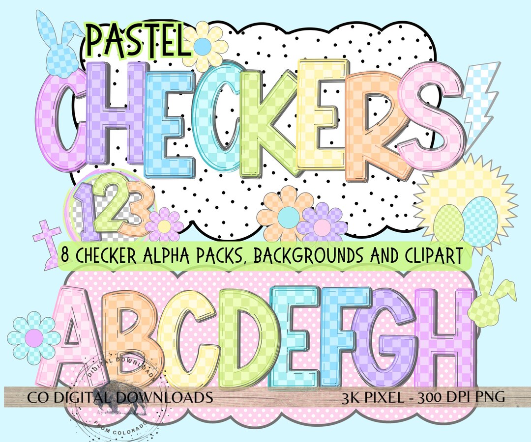 Pastel Checker Alphabet PNG Bundle, Spring Doodle Letters, Baby Shower ...