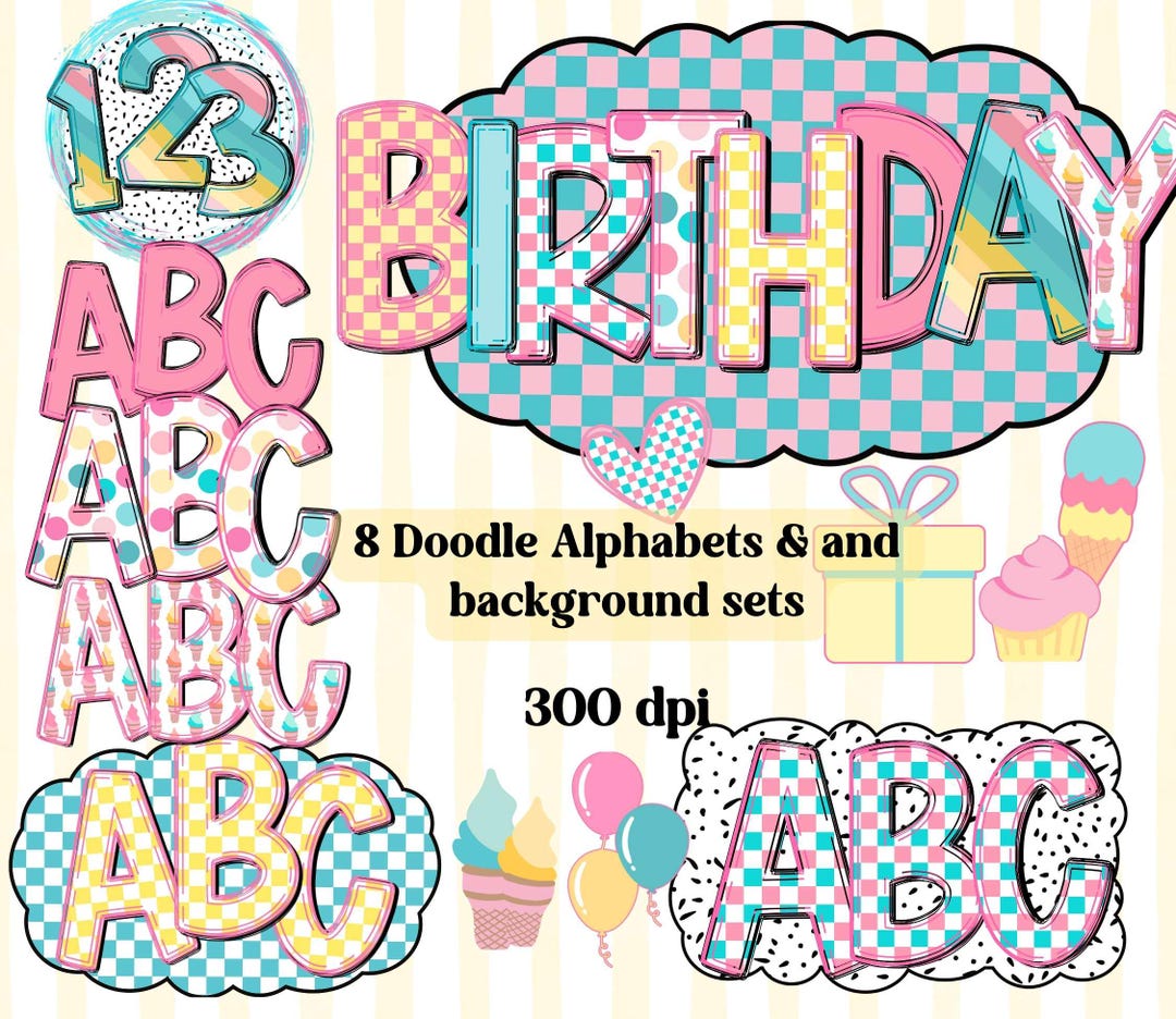 Birthday Alphabet PNG, Checker Doodle Alphabet Bundle, Birthday Party ...
