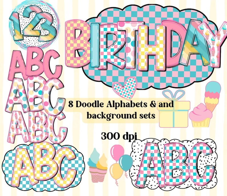 Birthday Alphabet PNG, Checker Doodle Alphabet Bundle, Birthday Party ...