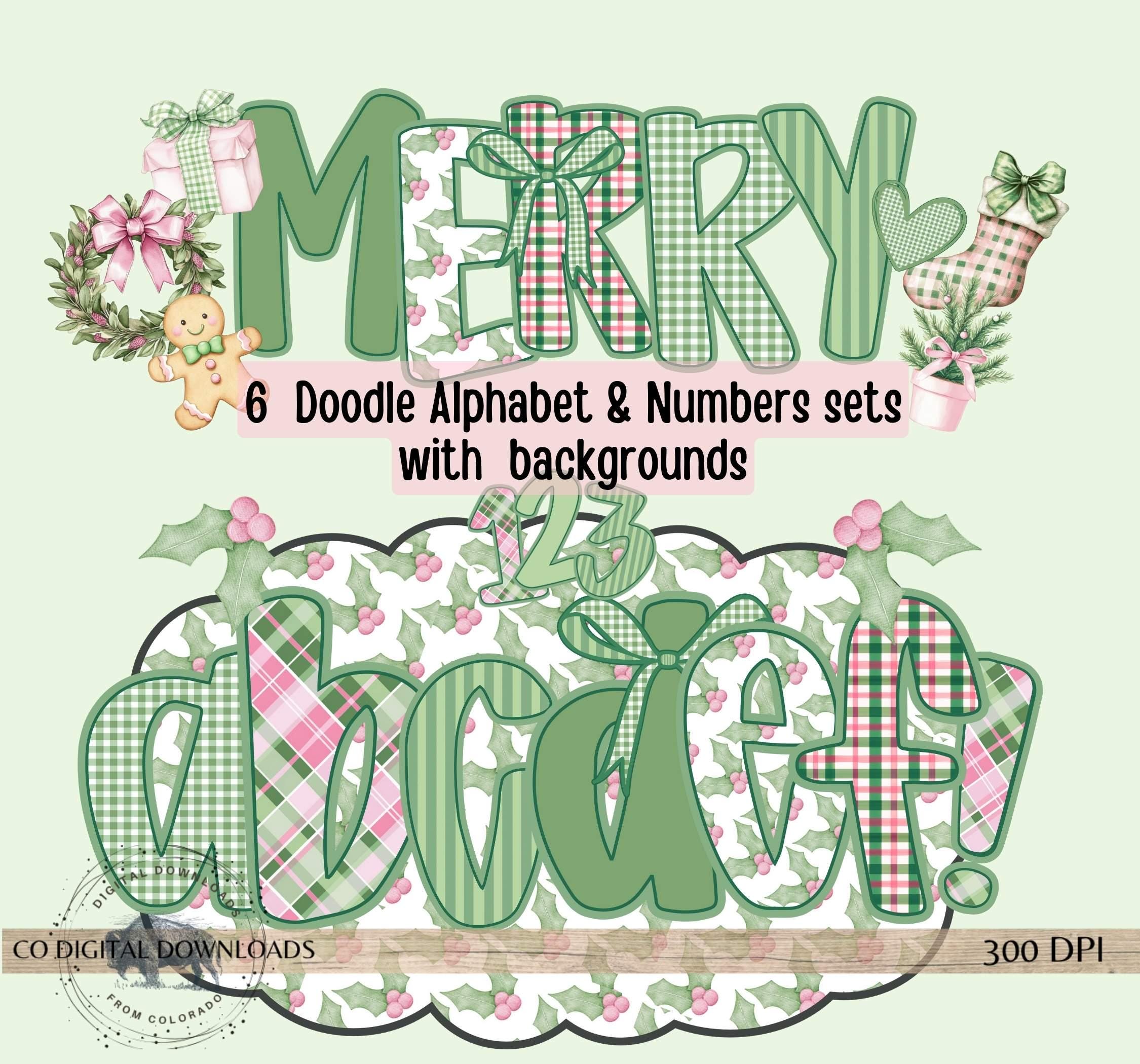 Preppy Christmas Alphabet Bundle PNG, Pastel Pink Green Doodle Letters ...