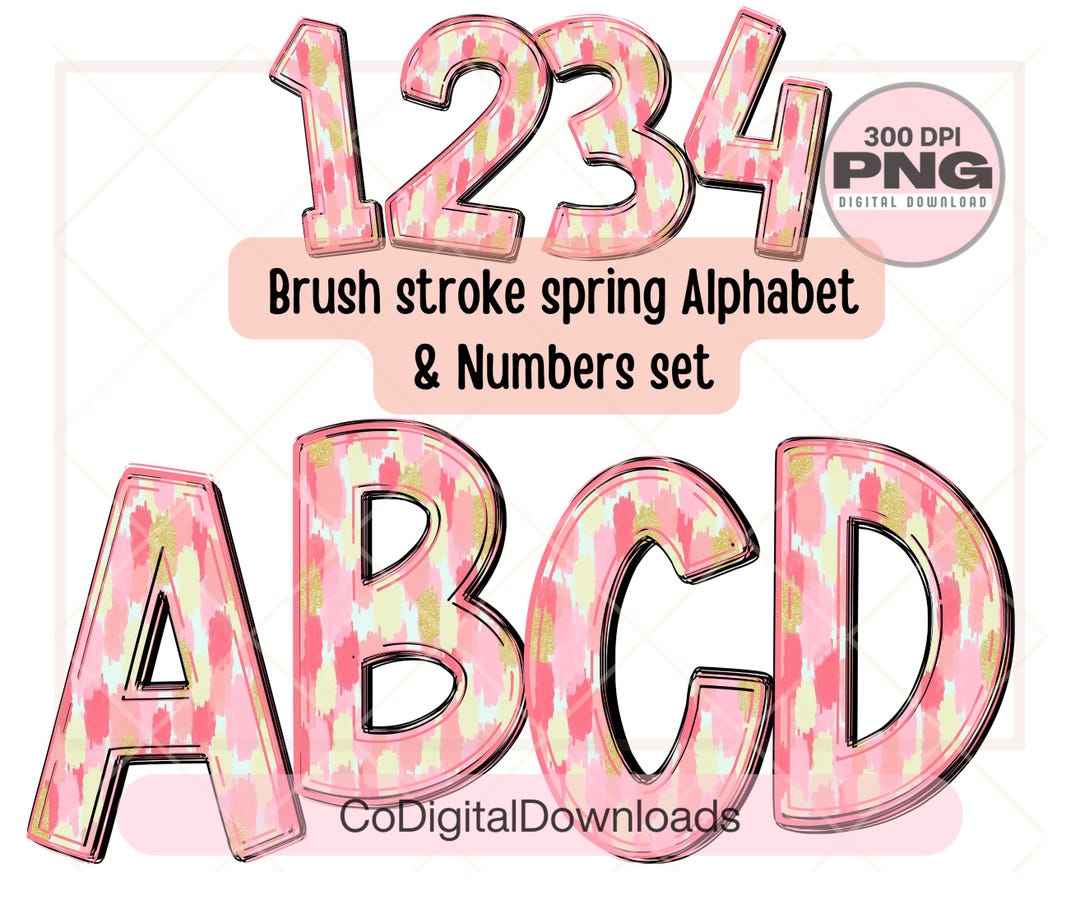 Brush Stroke Spring Doodle Letters, Peach Pink Alphabet PNG & PDF, Faux ...
