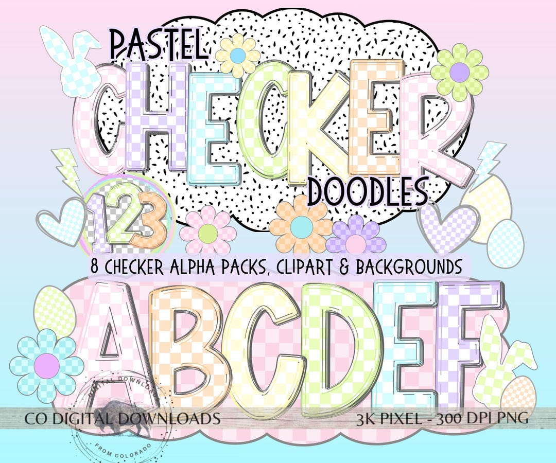 Pastel Checker Alphabet PNG Bundle, Easter Alpha Doodle Letters, Spring ...