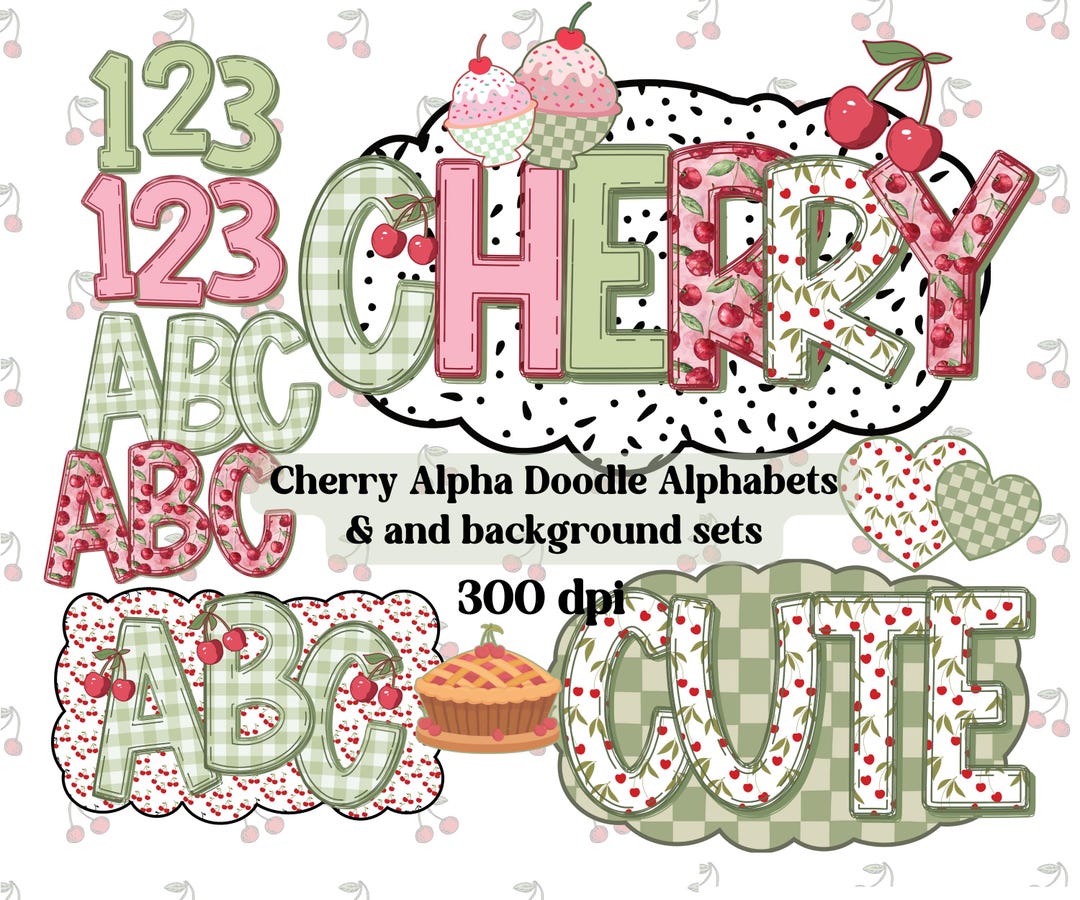 Cherry Doodle Letters, Alphabet PNG, Cherries Pink Letter Bundle ...