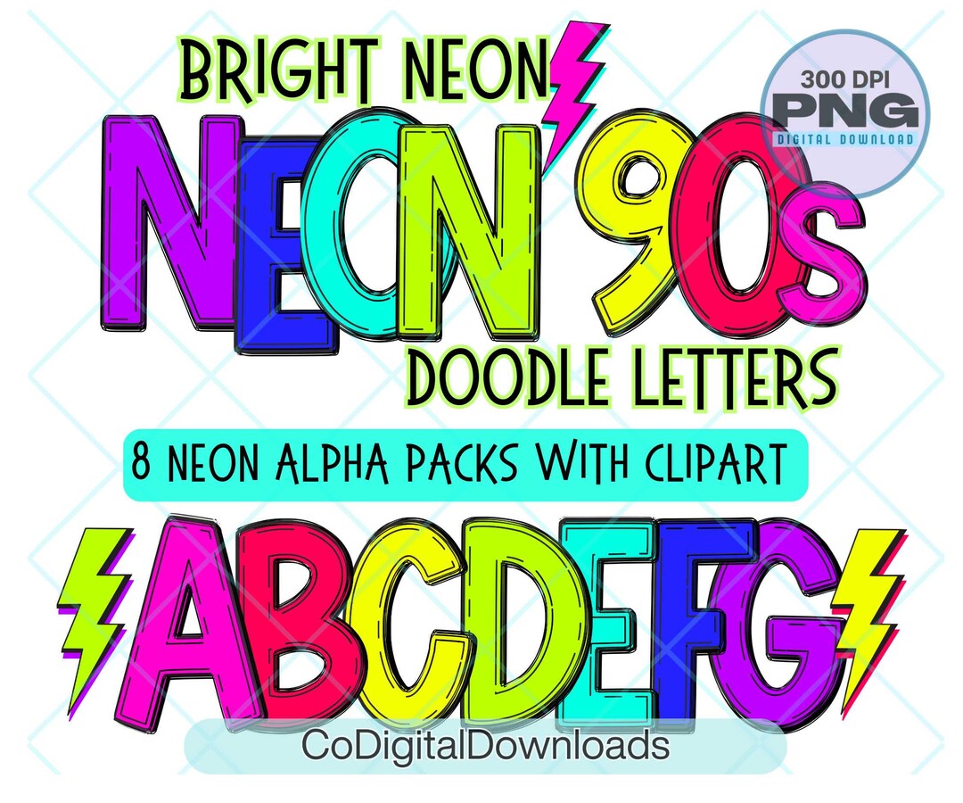 Colorful Neon Alphabet Bundle, Bright Alpha Doodle Letters Png, Primary ...