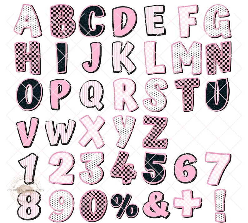 Preppy Glitter Alphabet PNG Bundle, Pink Black Checker Doodle Valentine ...