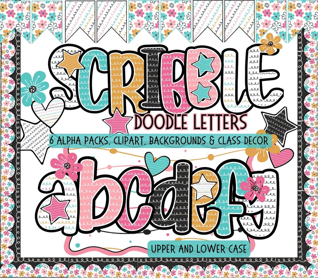 Colorful Preppy Alphabet Bundle PNG, Upper Lowercase, Alpha Doodle Pack ...