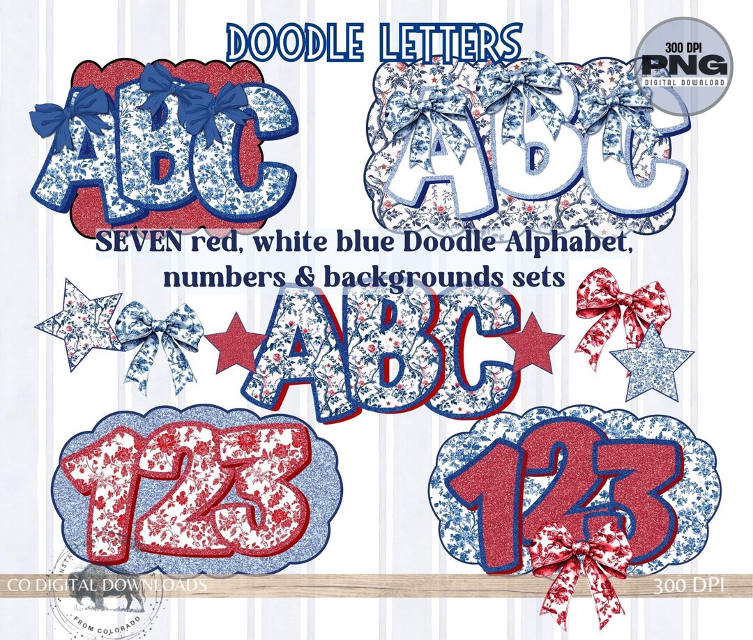 Red White Blue Floral Alphabet PNG Bundle, Chinoiserie Marquee Letters ...