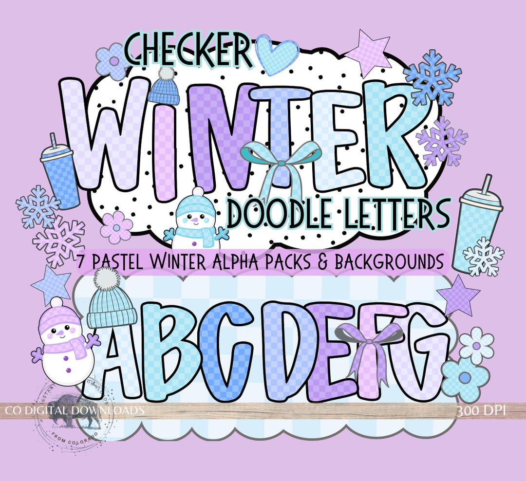 Preppy Checker Alphabet Png Bundle, Winter Alpha Doodle Letters, Pastel ...