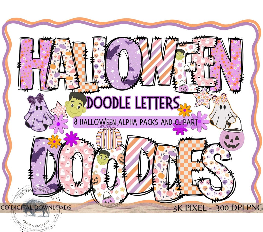 Pastel Halloween Doodle Alphabet PNG, Groovy Alpha Doodle Bundle, Pink ...