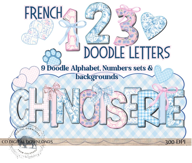 Grandmillennial Floral Mix Bow Alphabet PNG, Blue Toile Coquette ...