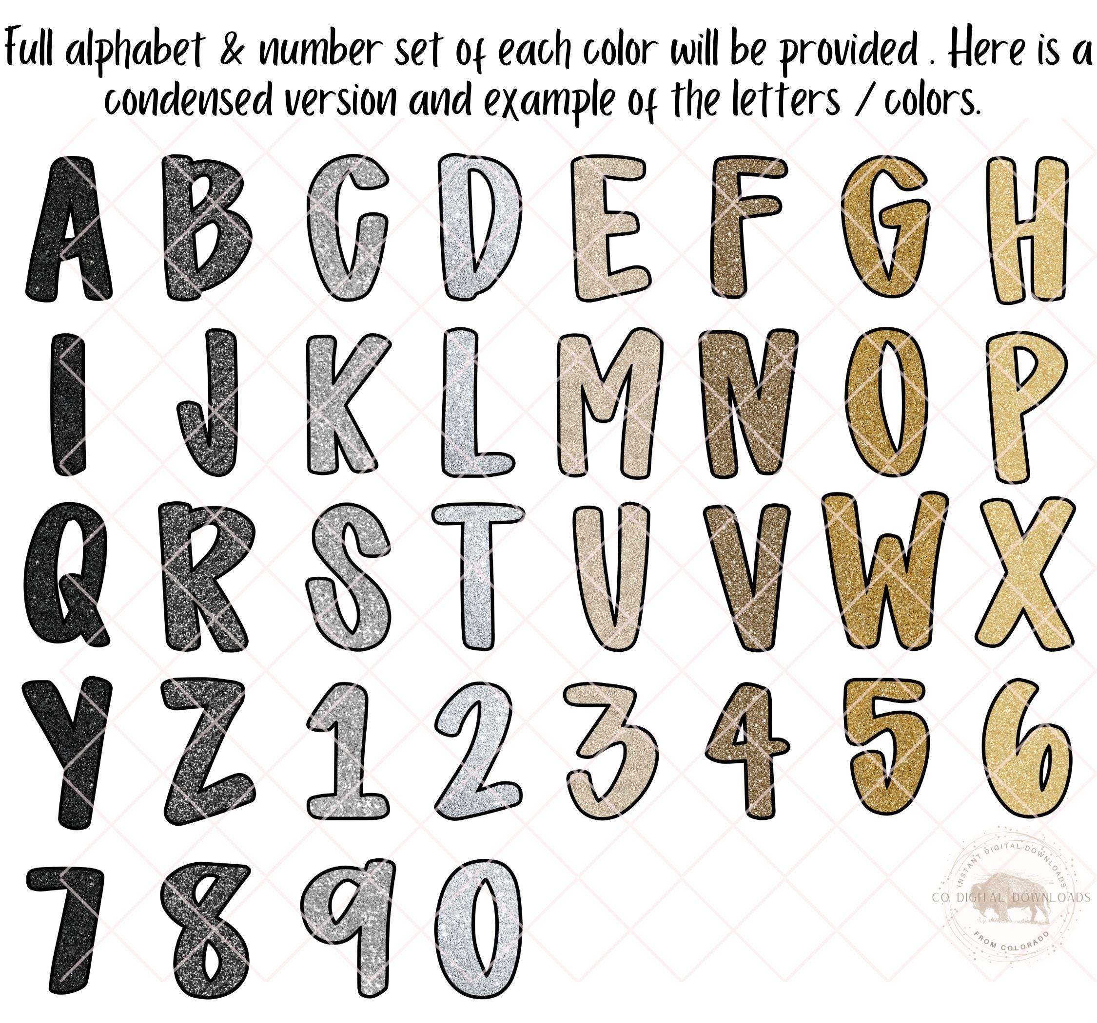 Glitter Alphabet PNG Bundle, Preppy New Year Letters, Black Silver Gold ...