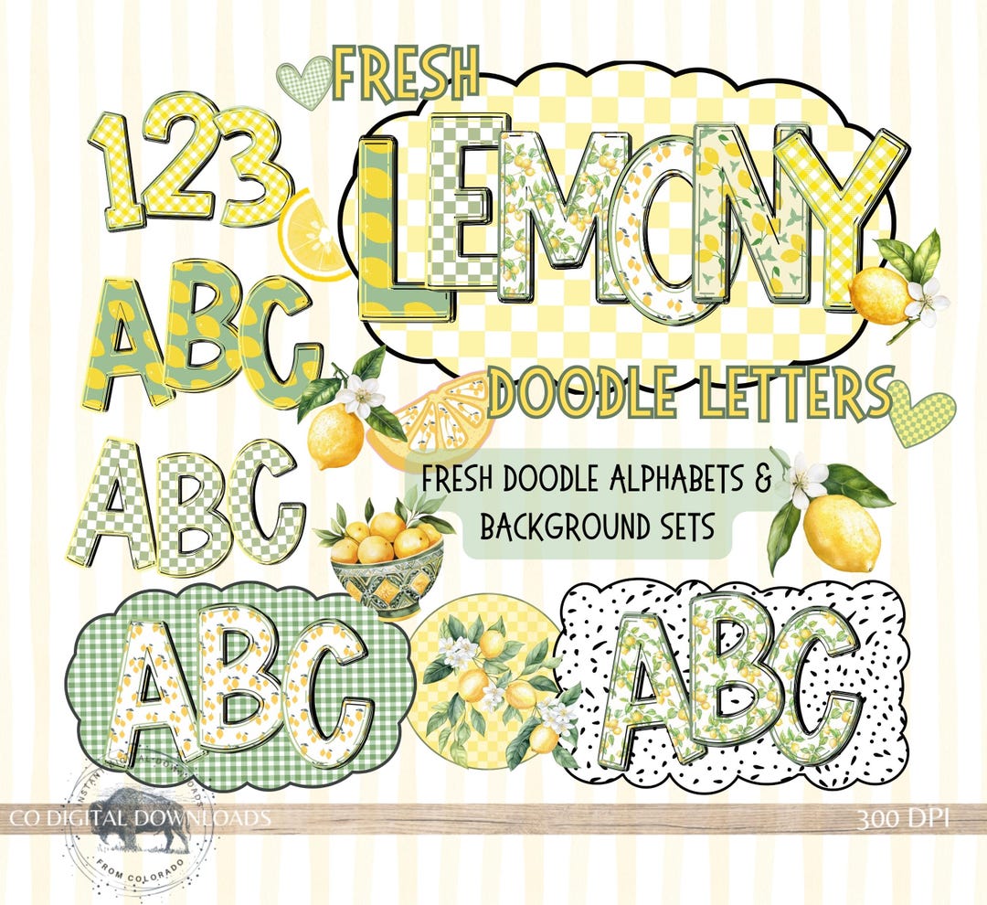 Lemon Alphabet Bundle PNG, Preppy Alpha Doodle Font, Fresh Checker ...