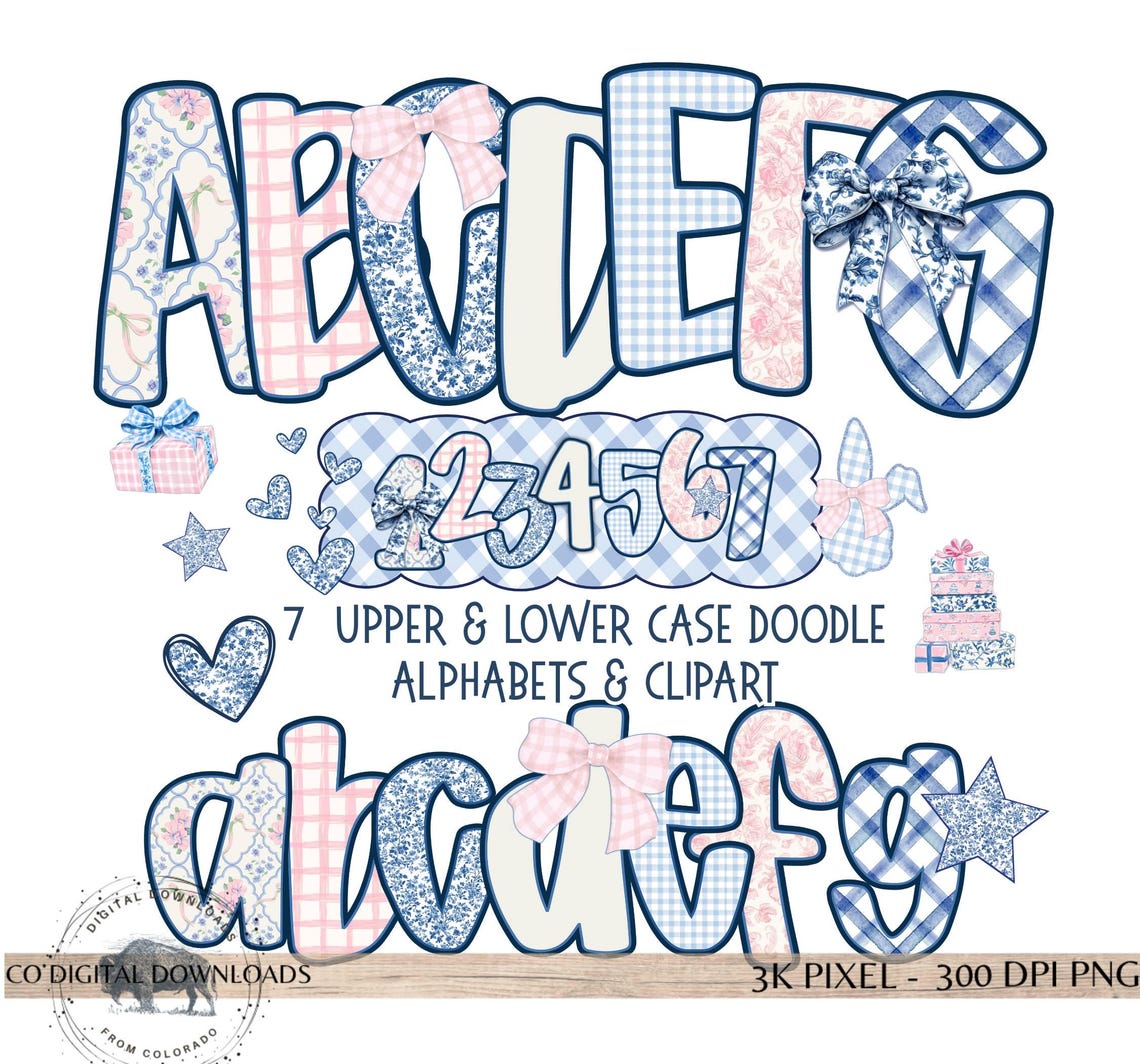 Preppy Grandmillenial Alphabet Bundle PNG, Blue Toile Doodle Letters ...
