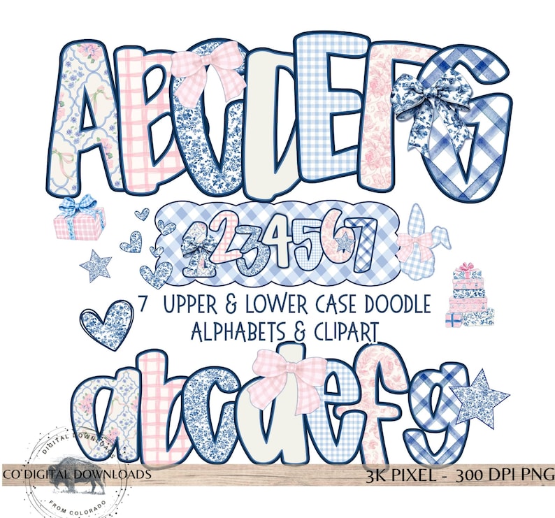 Preppy Grandmillenial Alphabet Bundle PNG, Blue Toile Doodle Letters ...
