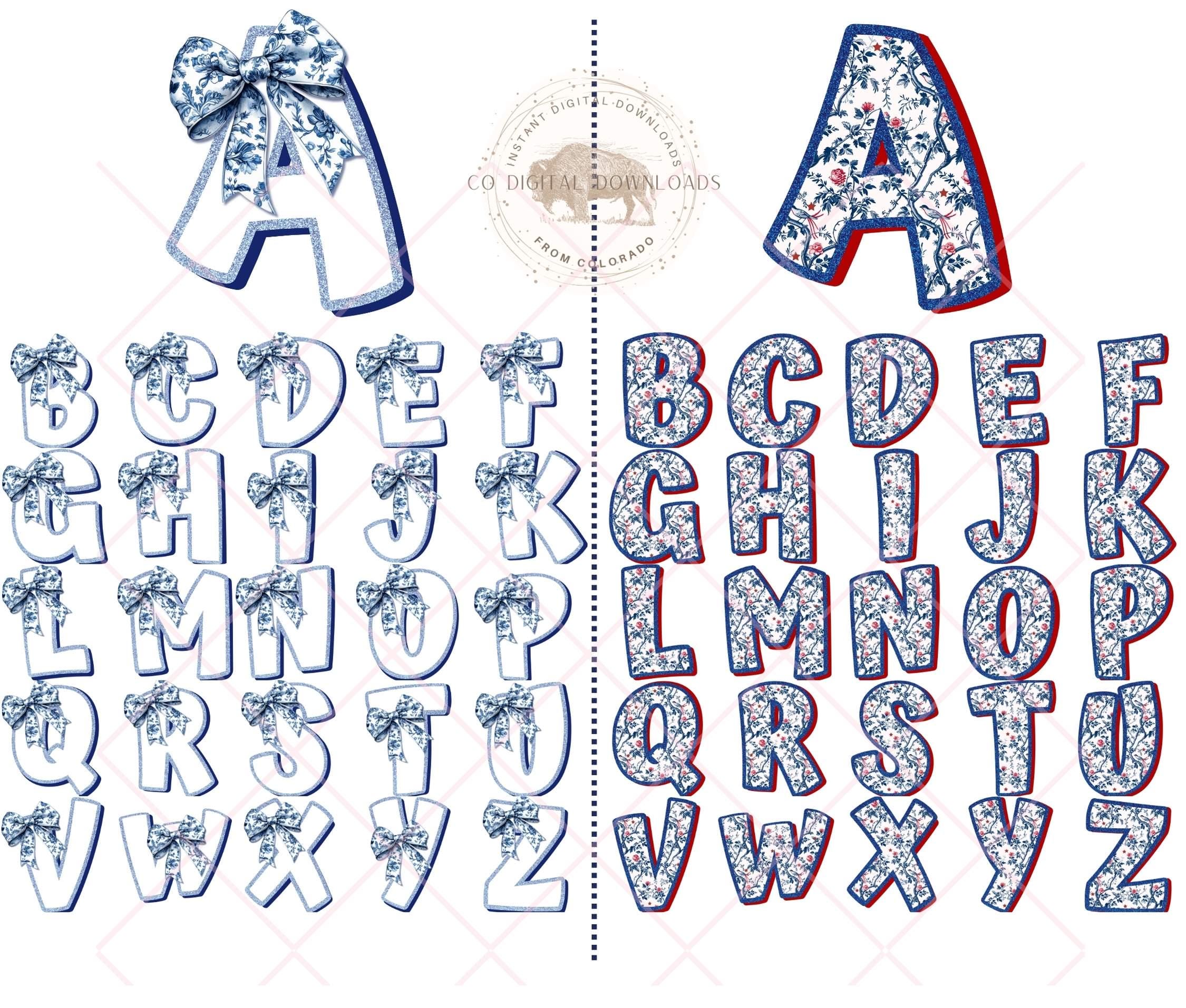 Patriotic Floral Alphabet PNG Bundle, Chinoiserie Marquee Letters, Faux ...