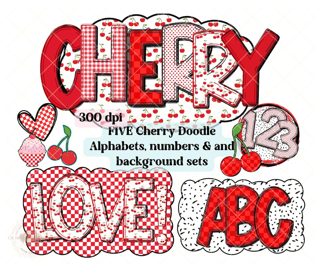 Cherries Alphabet PNG Bundle, Summer Checker Doodle Letters, Red Color ...