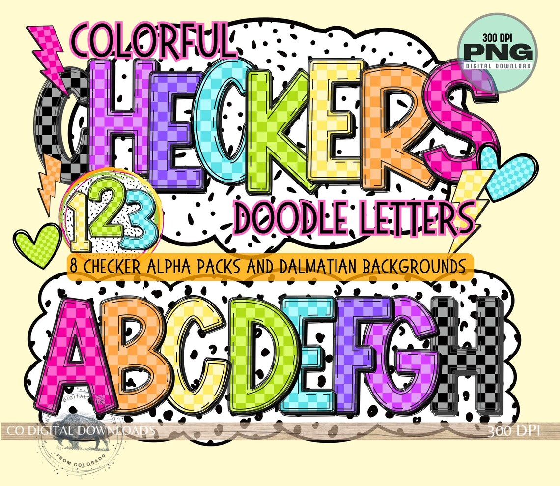 Colorful Checker Alphabet Bundle PNG PDF, Alpha Doodle Letters ...