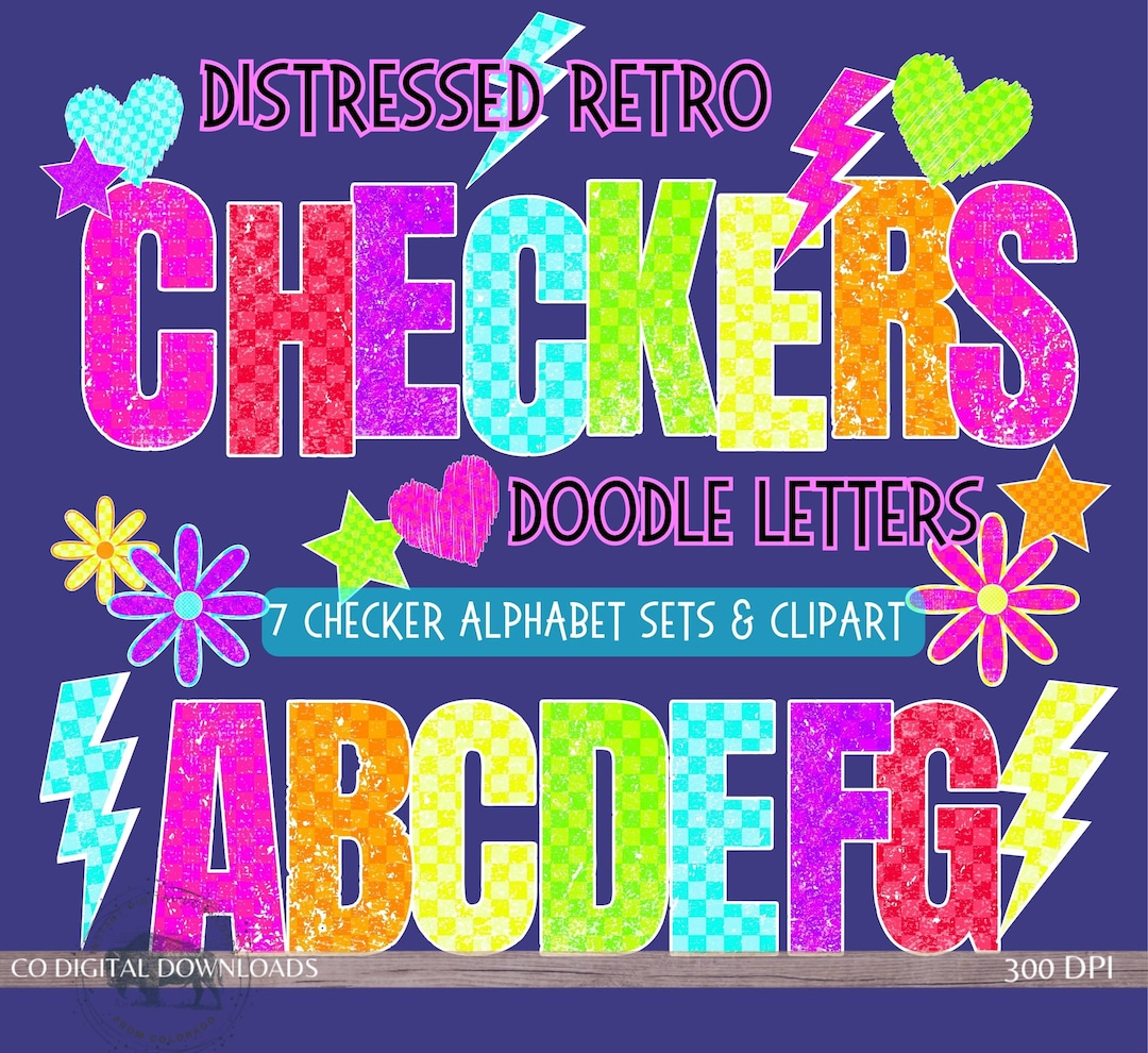 Distressed Checker Alphabet Bundle PNG, Colorful Retro Font, Alpha ...