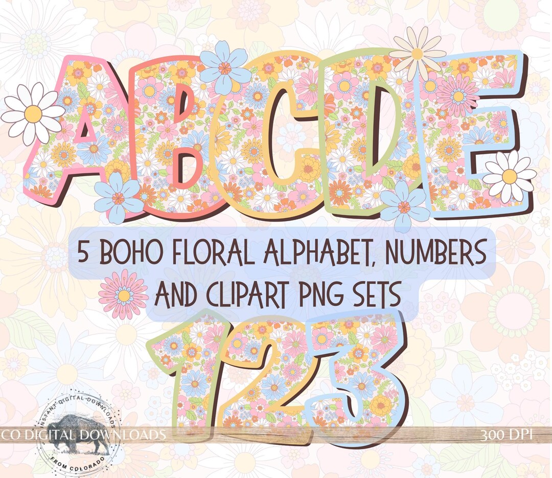 Floral Alphabet Bundle PNG PDF, Boho Alpha Doodle Letters, Spring ...