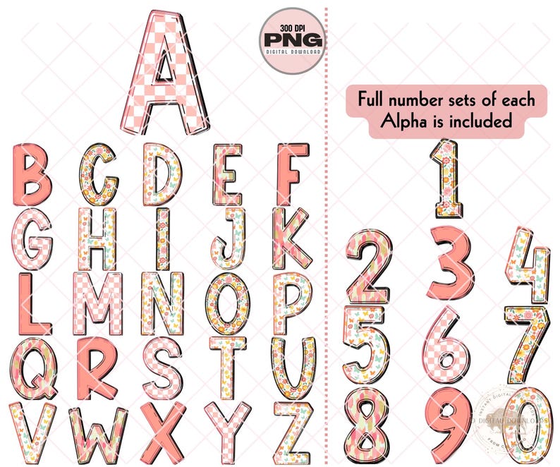 Floral Alphabet PNG Bundle, Mothers Day Checker Letters, Spring Doodle ...