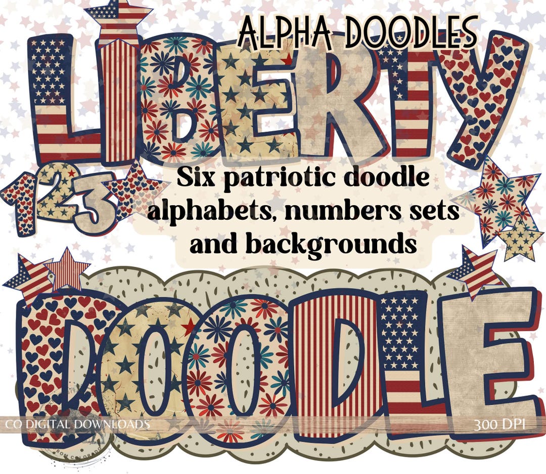 Americana Doodle Alphabet PNG Bundle, Vintage 4th of July Letters ...