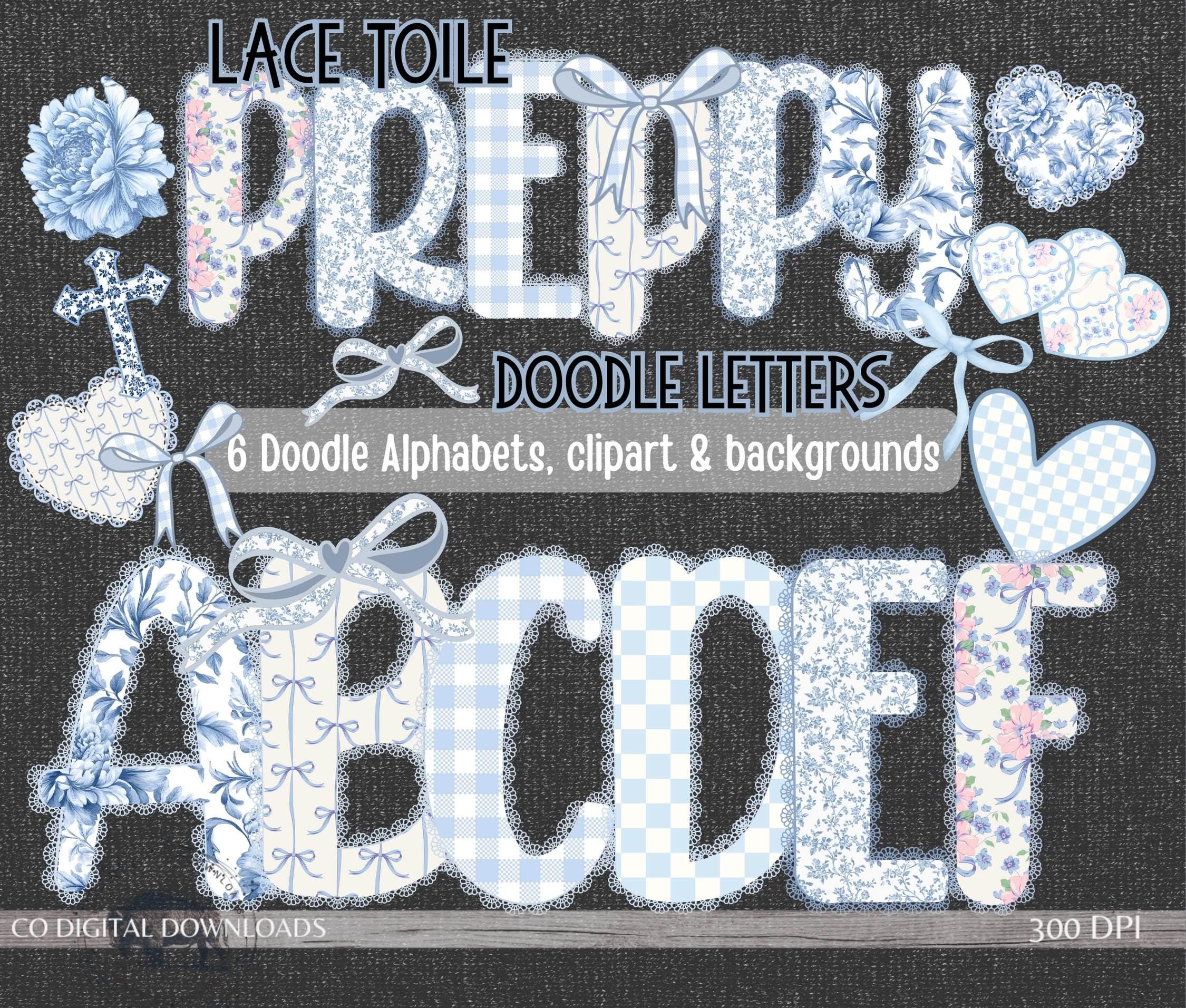 Lace Preppy Floral Alphabet PNG Bundle, Blue Toile Bow Coquette ...