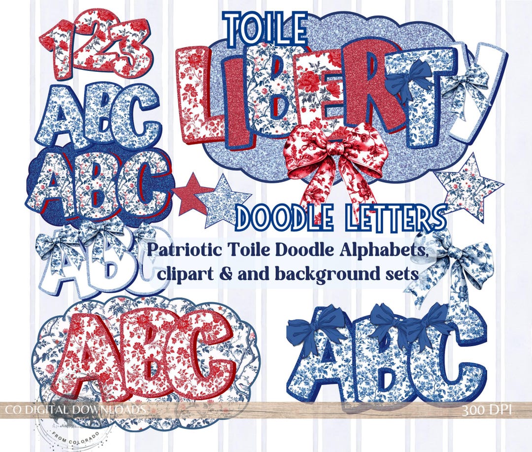 Toile Alphabet Bundle PNG, Patriotic Floral Letters, Red White Blue ...