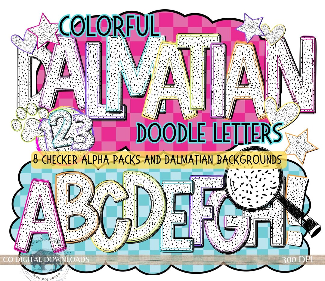 Colorful Dalmatian Alphabet Bundle PNG PDF, Alpha Doodle Letters ...