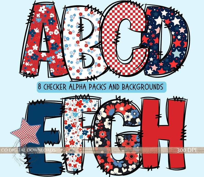 Floral Alphabet PNG, Patriotic Doodle Alphabet Bundle, 4th of July ...