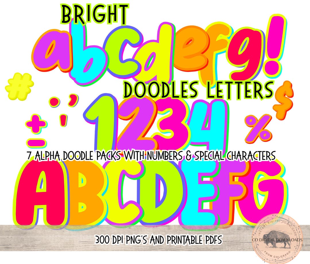 Bright Alphabet Bundle PNG PDF, Colorful Alpha Doodle Letters, Bubble ...