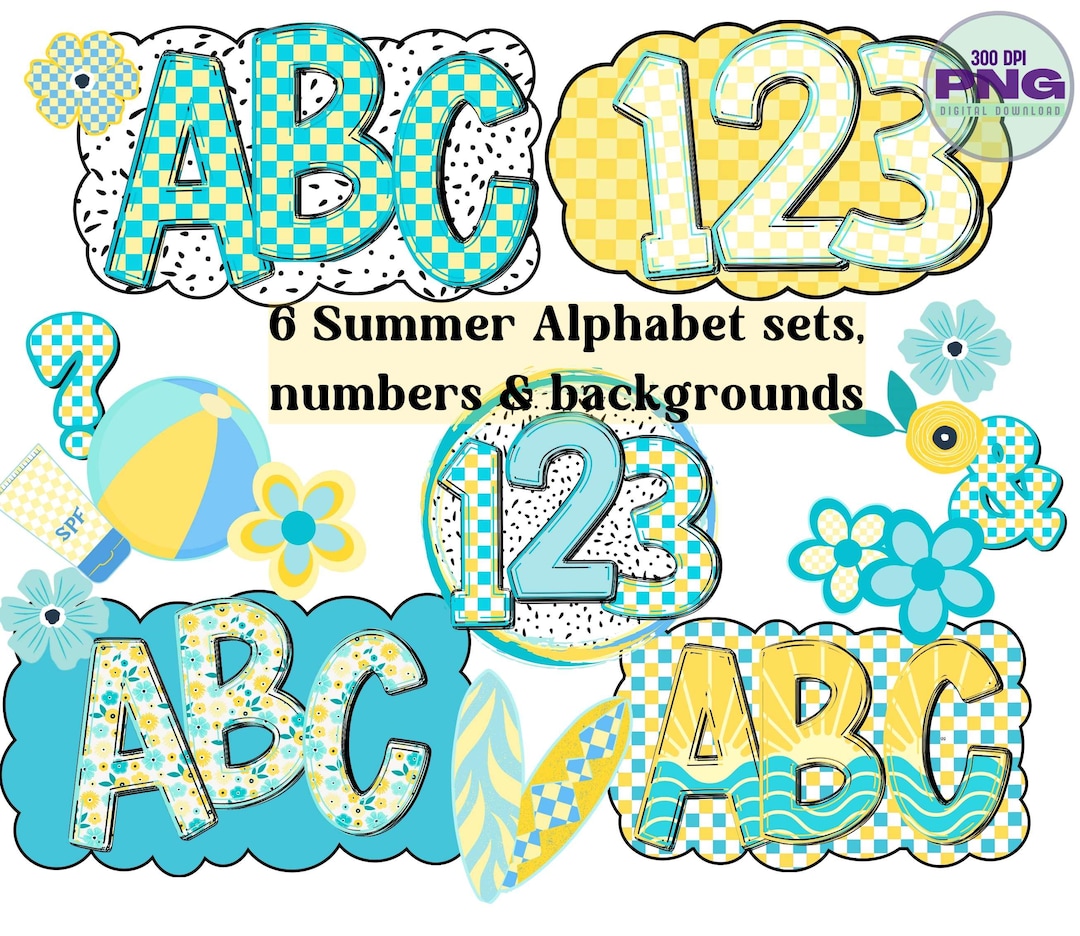 Beach Day Alphabet PNG, Summer Letters Bundle, Surf Doodle, Yellow Blue ...