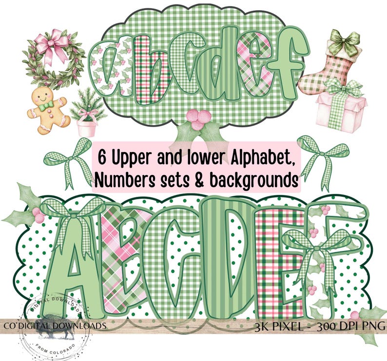 Preppy Christmas Alphabet Bundle PNG, Pastel Pink Green Doodle Letters ...