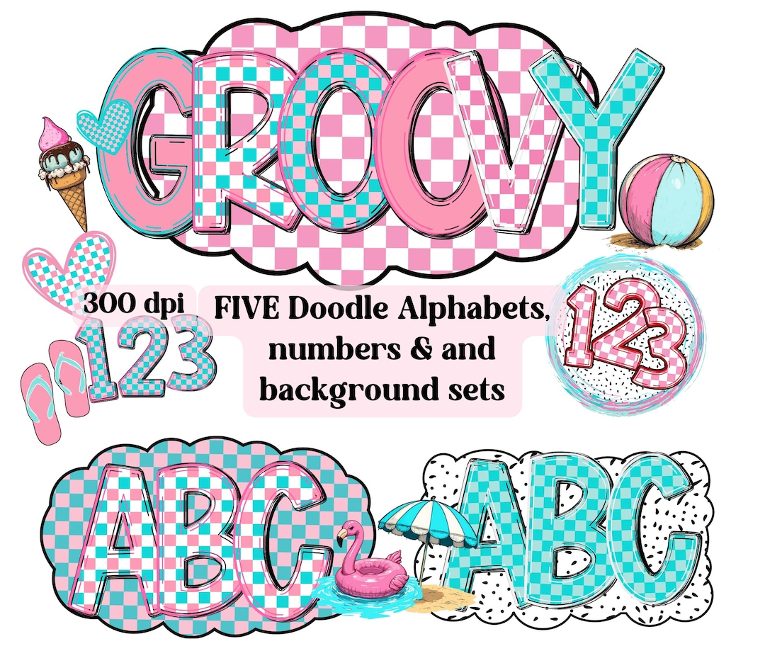 Summer Checker Alphabet Bundle PNG PDF, Alpha Doodle Letters, Checkered ...