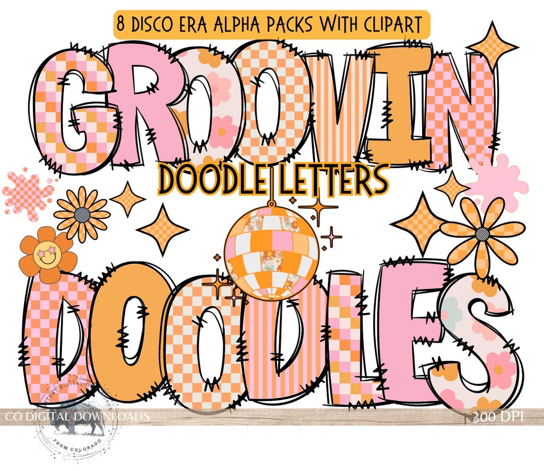 Disco Checker Alphabet PNG, Groovy Pink Doodle Bundle, Halloween Orange ...