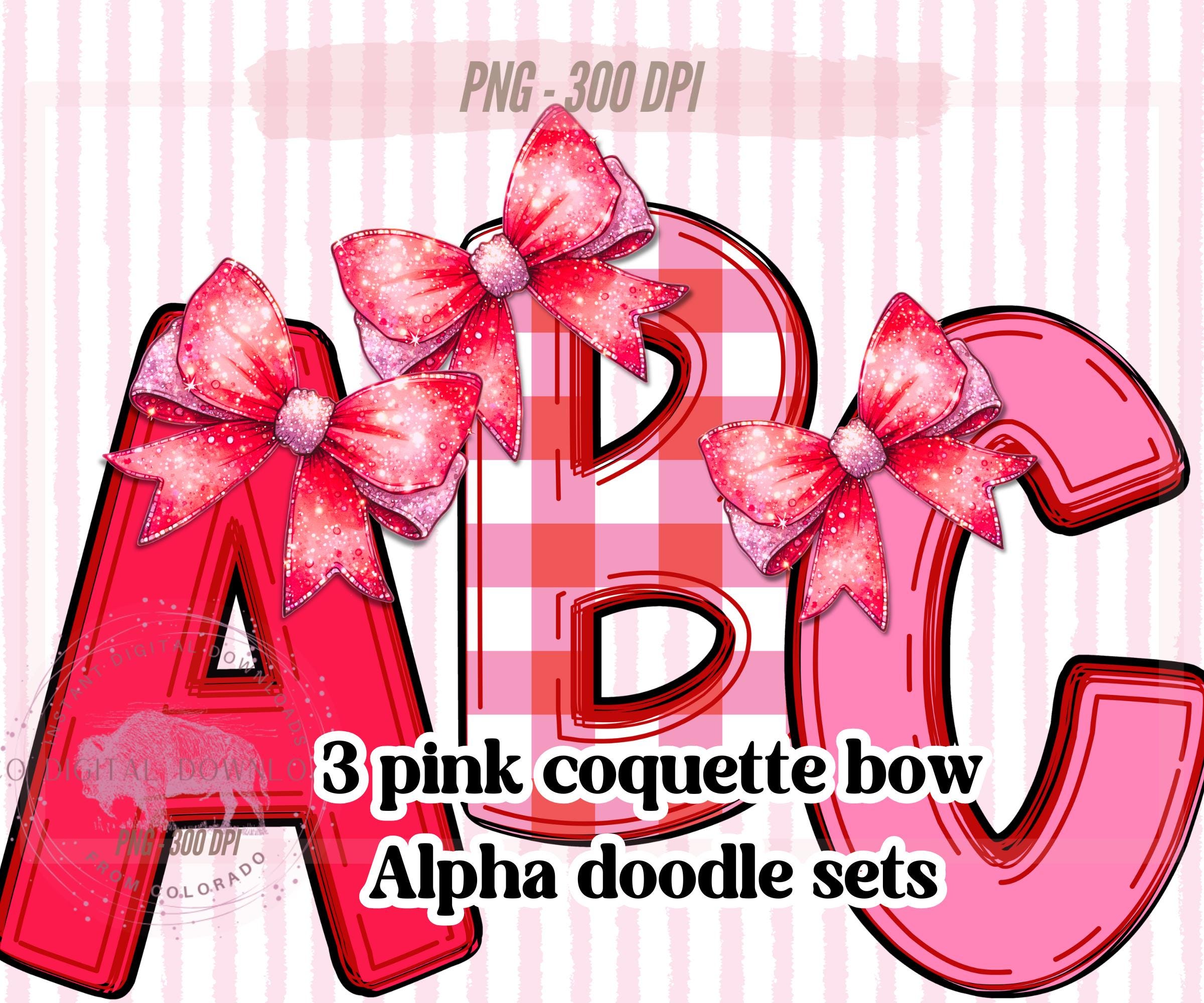 Pink Coquette Alphabet PNG Bundle: Red Gingham Doodle Letters, Cherry ...
