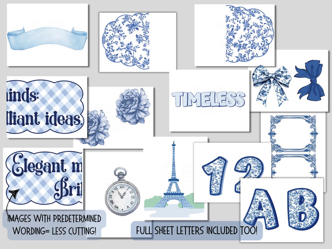 Spring Bulletin Board Kit Bundle, French Toile Theme, Blue Doodle ...