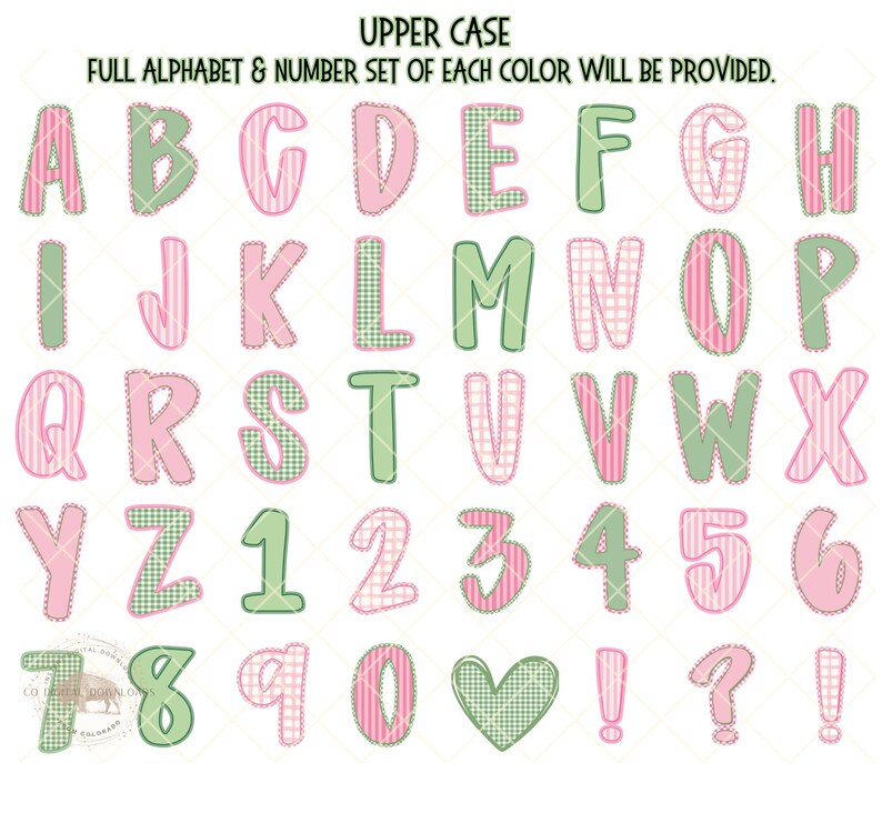 Preppy Pastel Spring Alphabet Bundle PNG, Pink Green Alpha Doodle ...