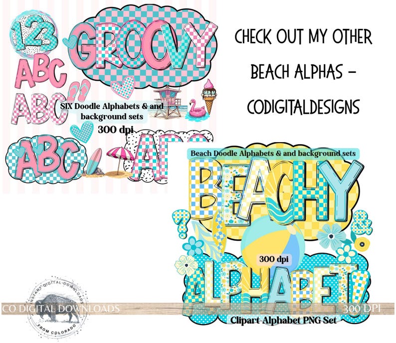 Beach Alphabet Bundle PNG PDF, Summer Bulletin Alpha Doodle Letters ...