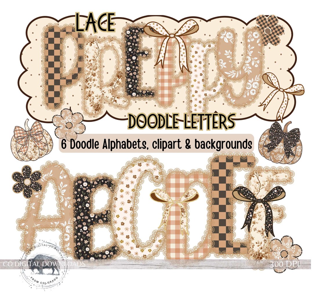 Lace Fall Alphabet Bundle PNG, Brown Thanksgiving Doodle Letters ...