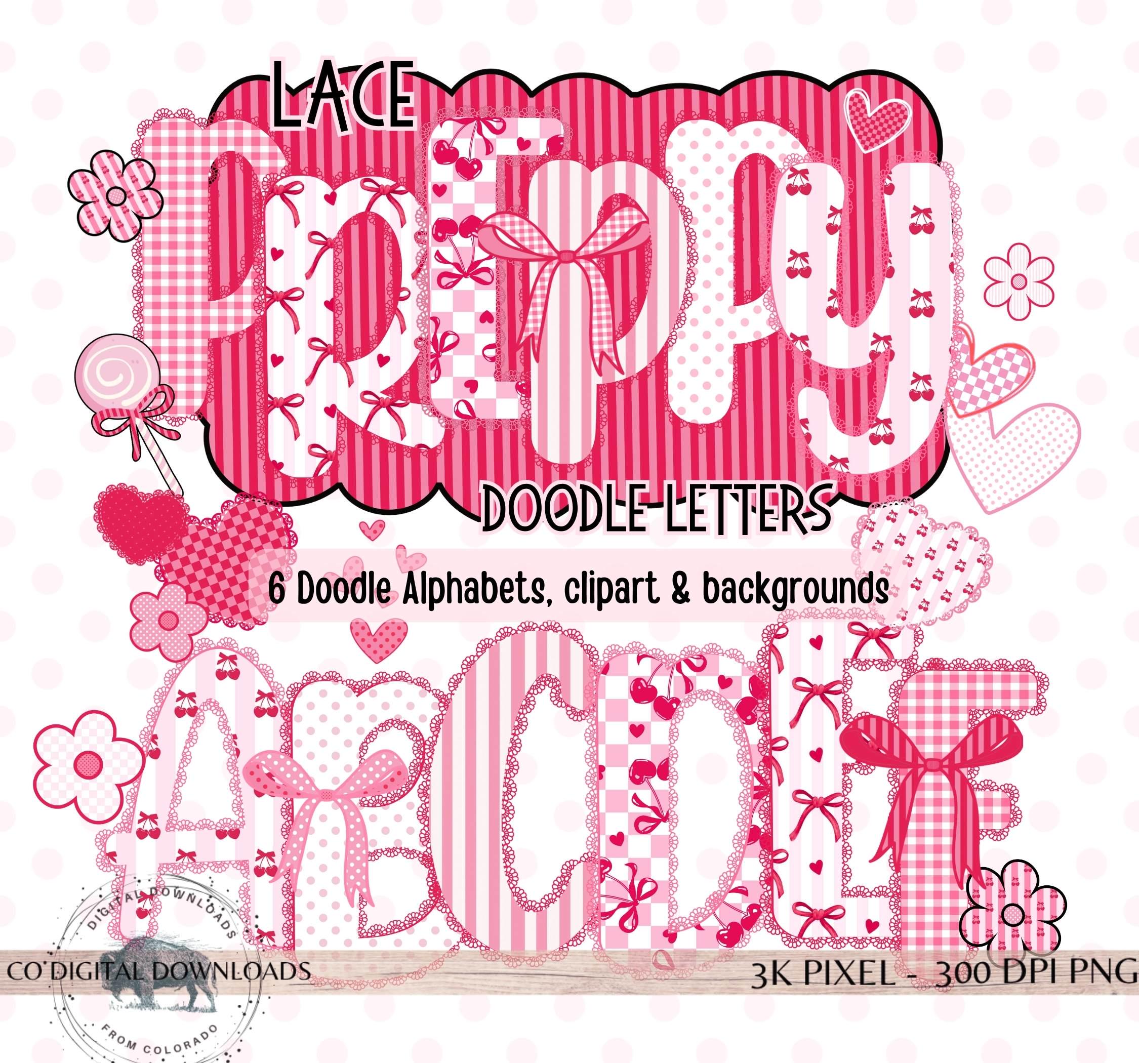 Lace Valentine Alphabet Bundle PNG, Red Pink Doodle Letters, Cherry ...