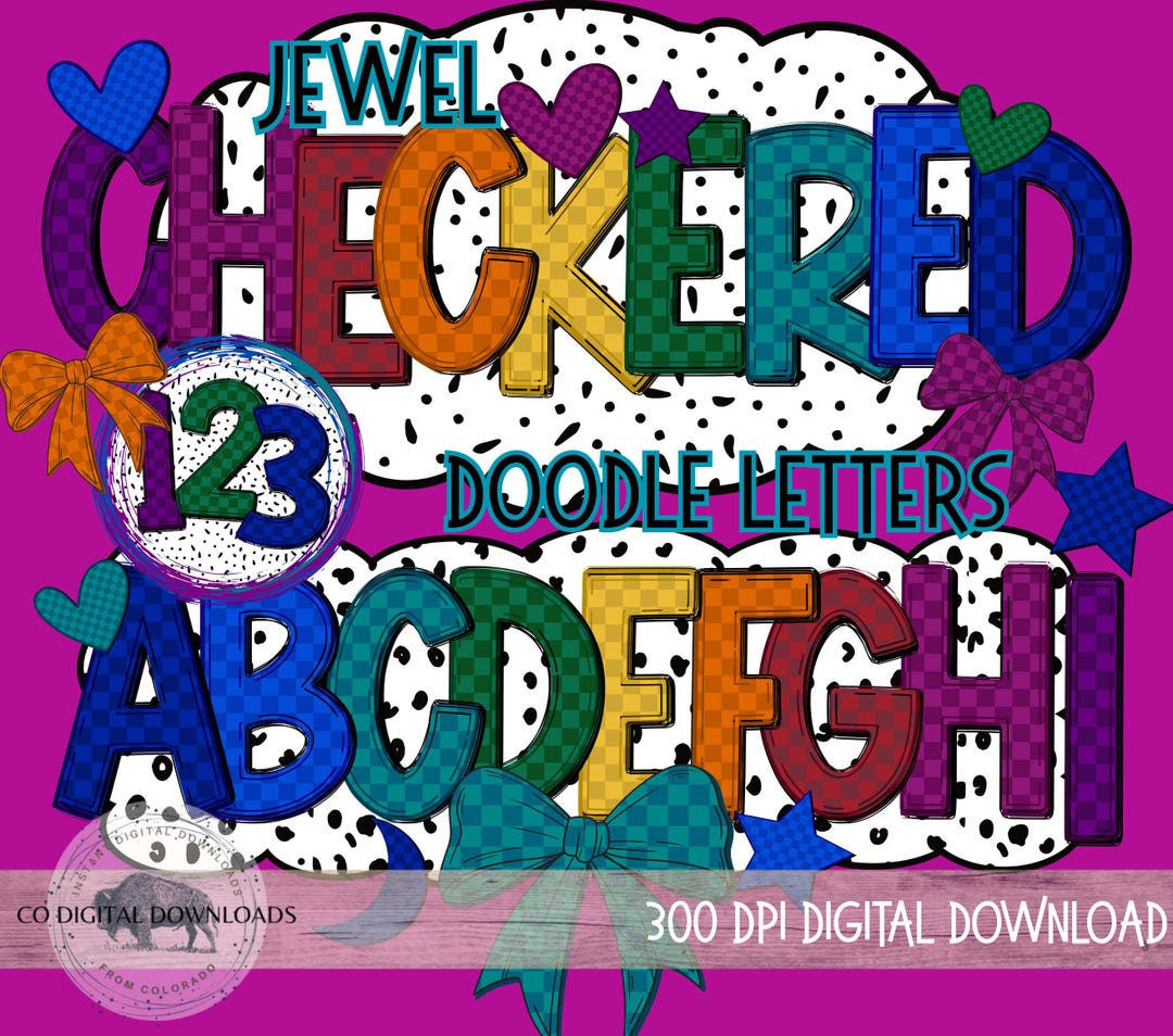 Jewel Checker Alphabet Bundle PNG, Fall Alpha Doodle Letters, Checkered ...