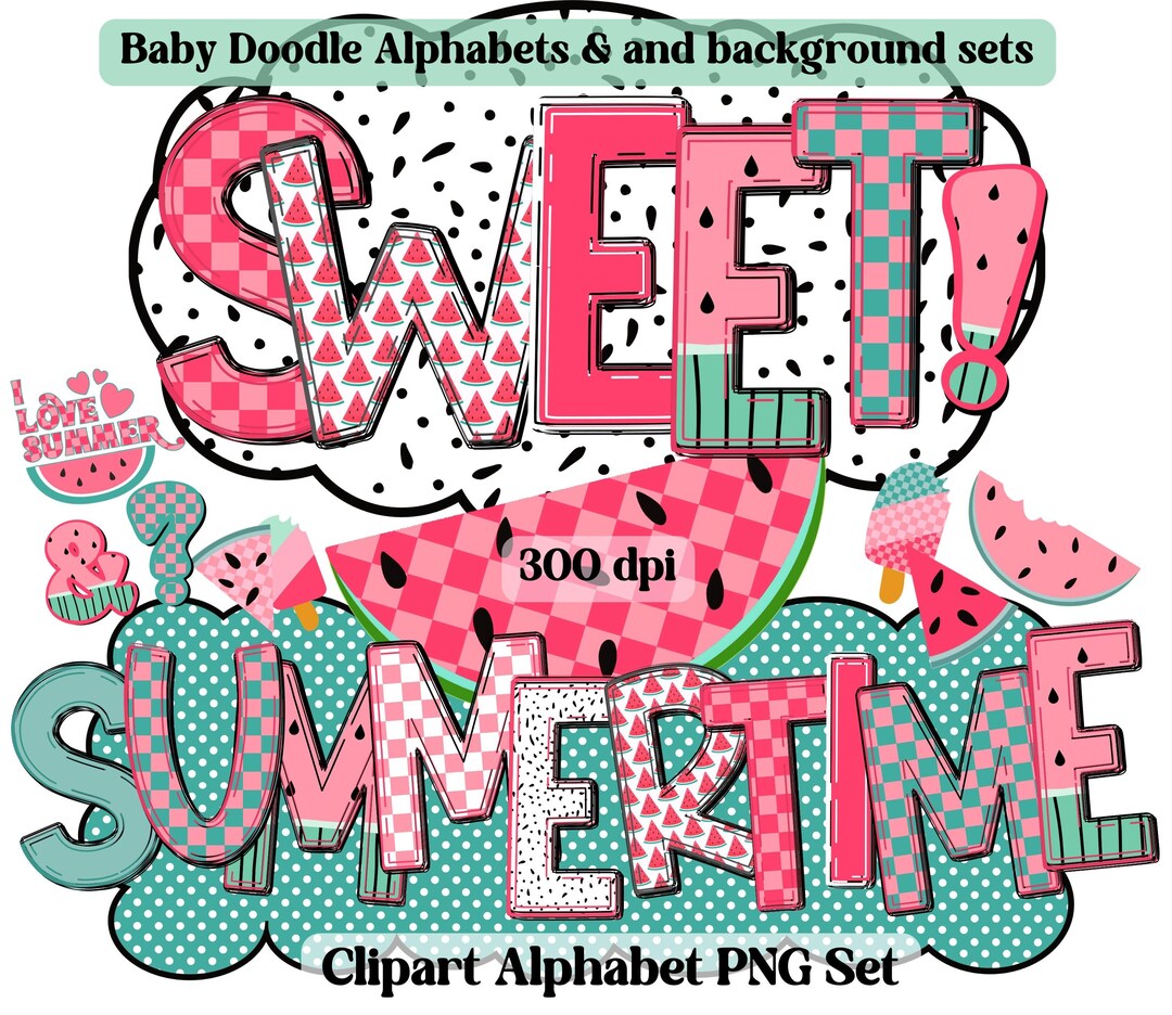 Summer Alphabet PNG, Bright Checker Letters Bundle, Watermelon Alpha ...