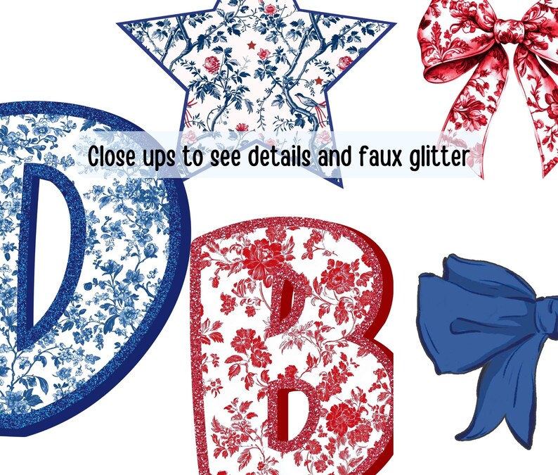 Preppy Floral Alphabet PNG Bundle, Red White Blue Toile Chinoiserie ...