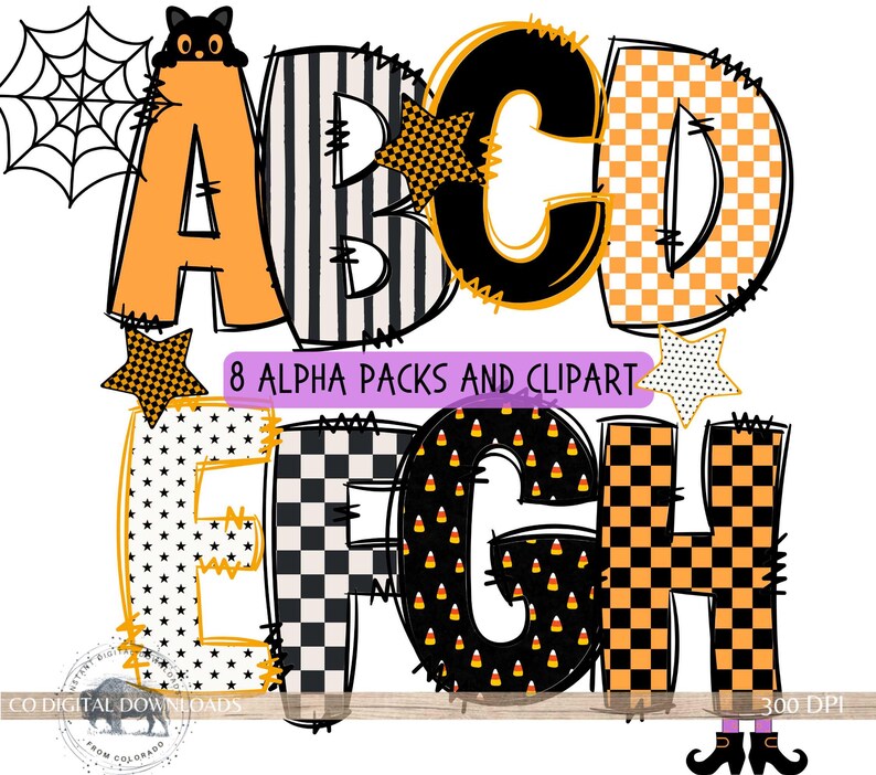Alphabet Halloween PNG Bundle, Cat Doodle Letters, Checker Spooky ...