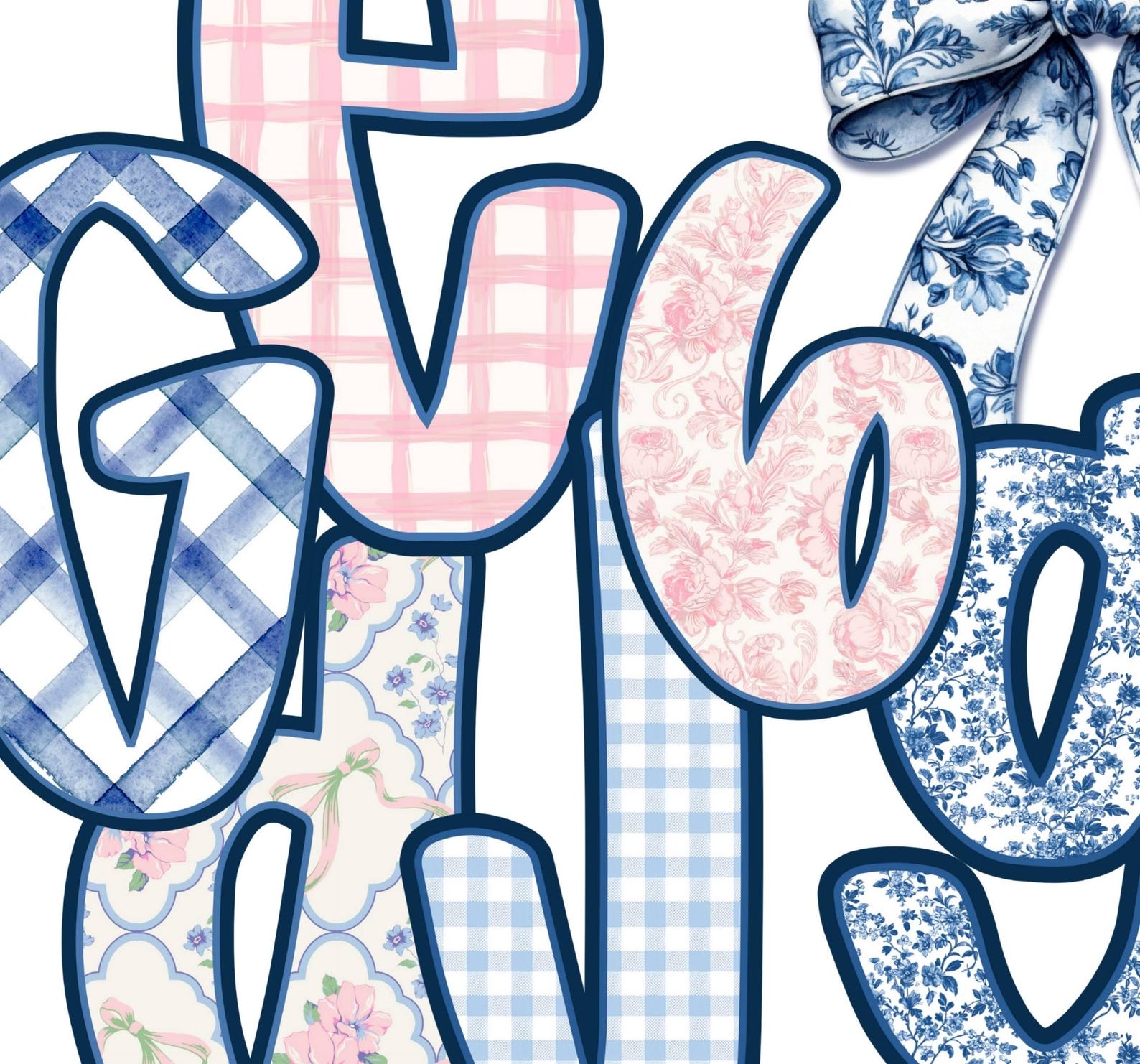 Preppy Grandmillenial Alphabet Bundle PNG, Blue Toile Doodle Letters ...