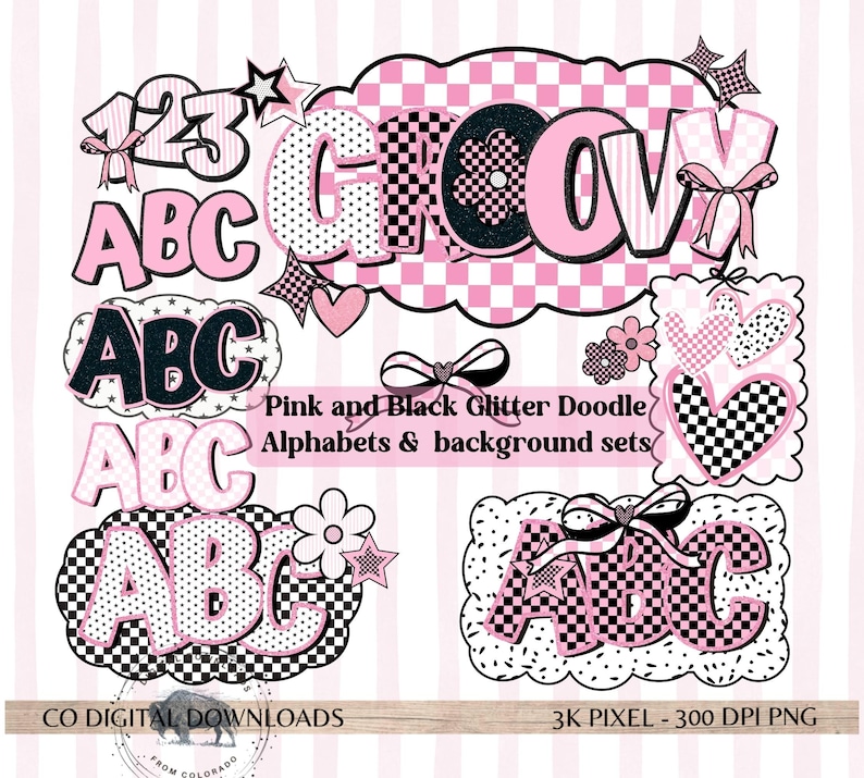 Preppy Glitter Alphabet PNG Bundle, Pink Black Checker Doodle Valentine ...