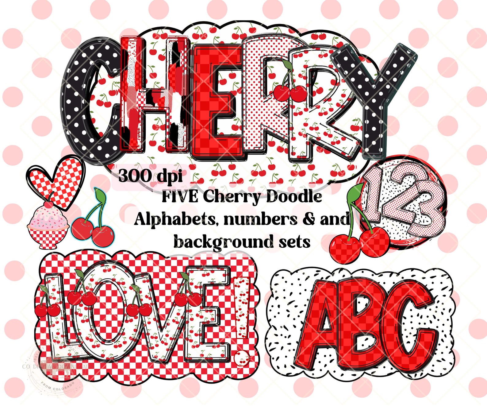 Cherries Alphabet Letters PNG Bundle, Red Checker Summer Color Palette, 5 Alpha Set, Cherry ...