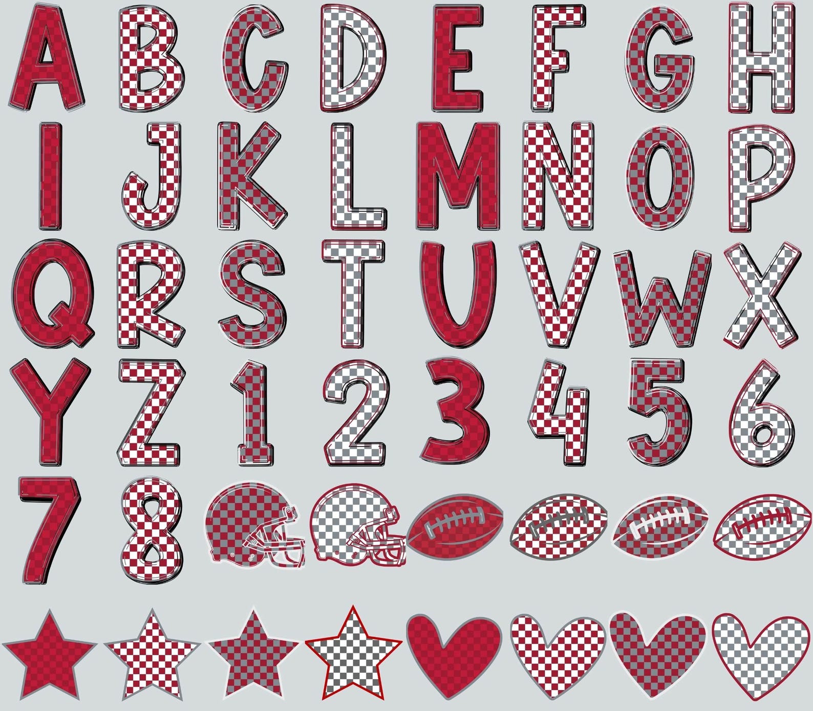 Team Spirit Alphabet PNG Bundle, Football Crimson Red Gray Checker ...