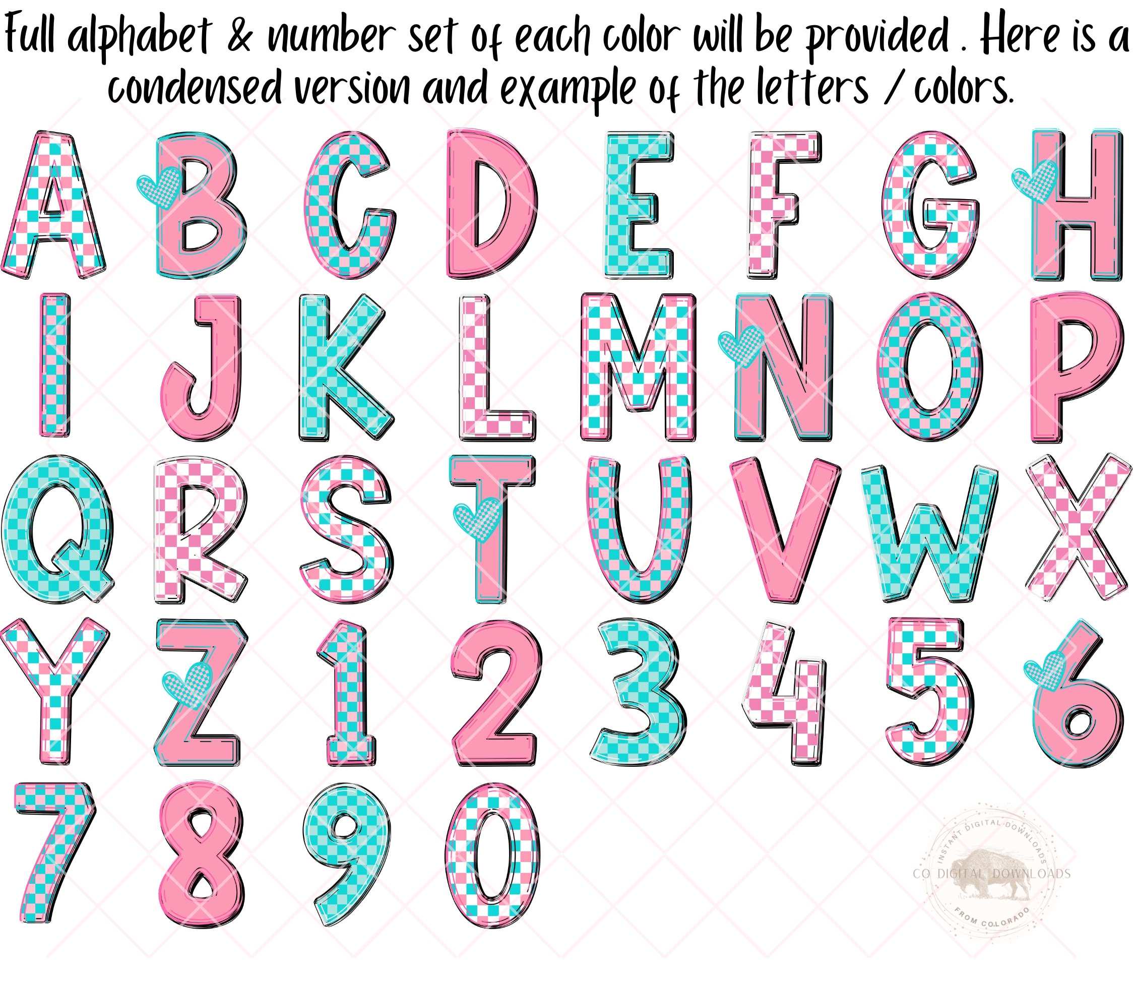 Summer Checker Alphabet Bundle PNG PDF, Alpha Doodle Letters, Checkered ...