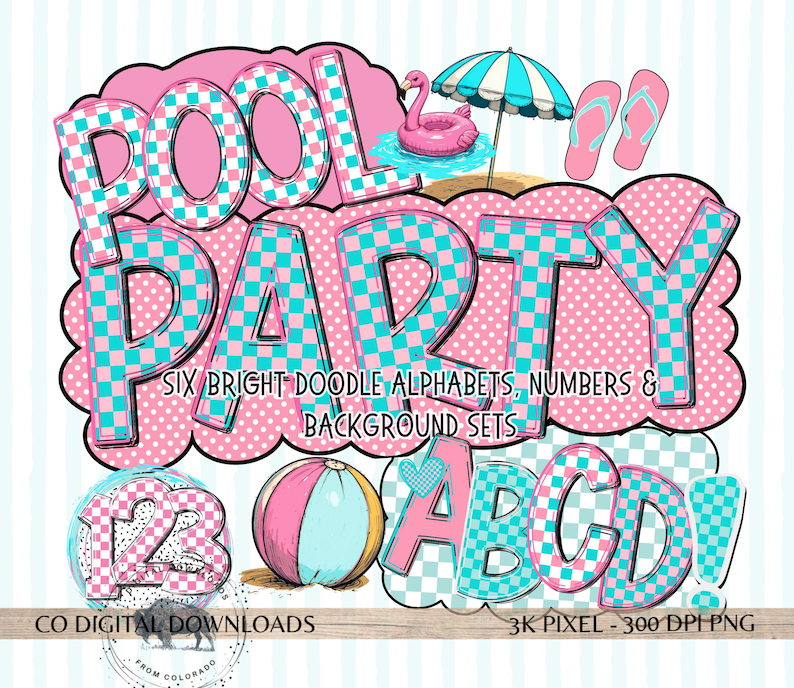 Pool Party Checker Alphabet Bundle PNG, Summer Doodle Letters, Pink ...